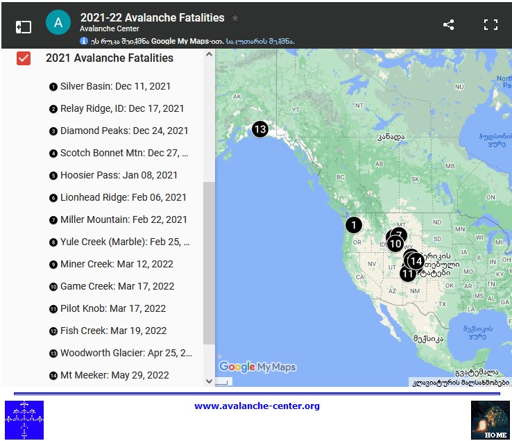 Map of Fatal Avalanches from the 2021-2022 Season